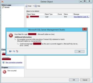 Fix SQL Server Error 15434: Could not drop login 'Domain\abc' as the user is currently logged in